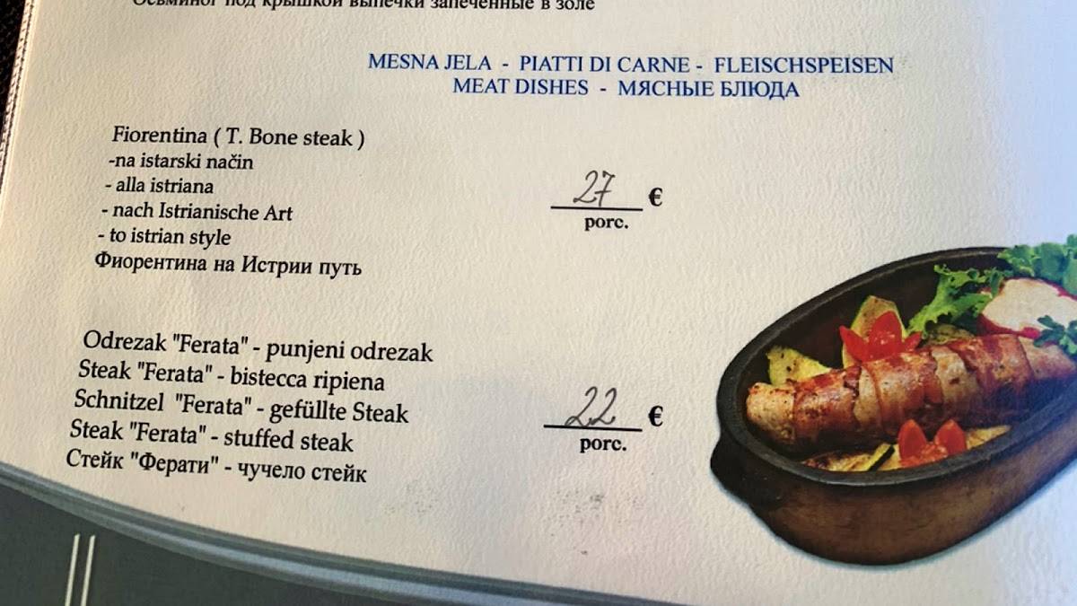 Menu at Volley Ferata restaurant, Rovinj