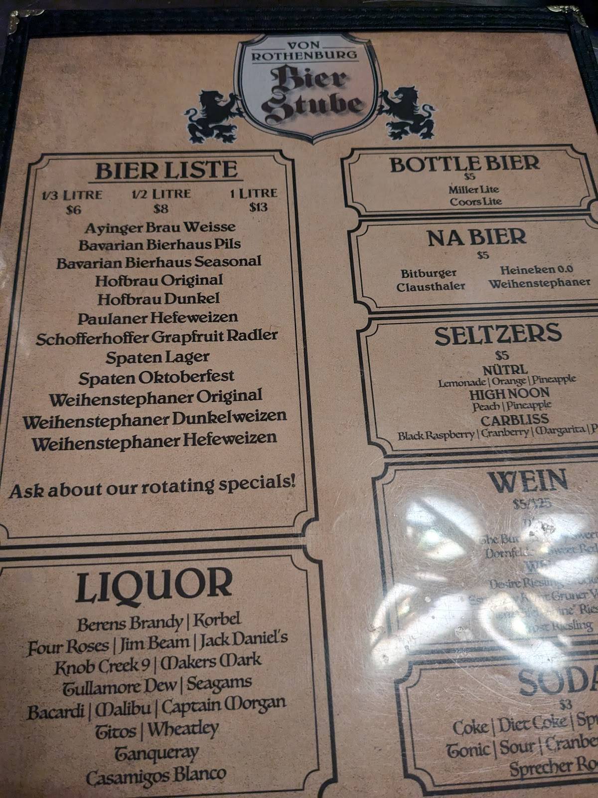 Menu at Von Rothenburg Bier Stube pub & bar, Germantown