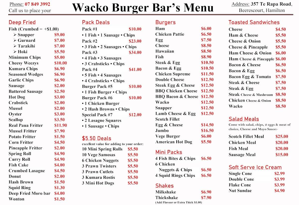 Menu at Wacko Burger Bar, Hamilton, 357 Te Rapa Rd