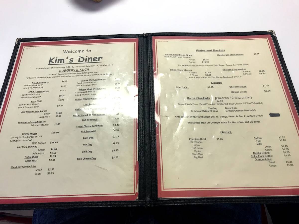 Menu at Kim's Diner cafe, Waco