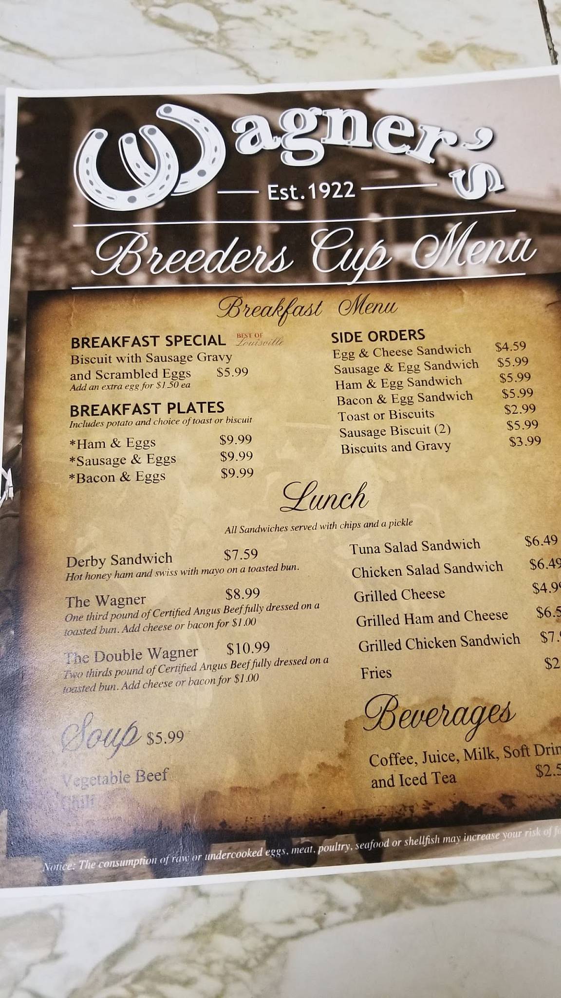 Menu at Wagner's Pharmacy restaurant, Louisville