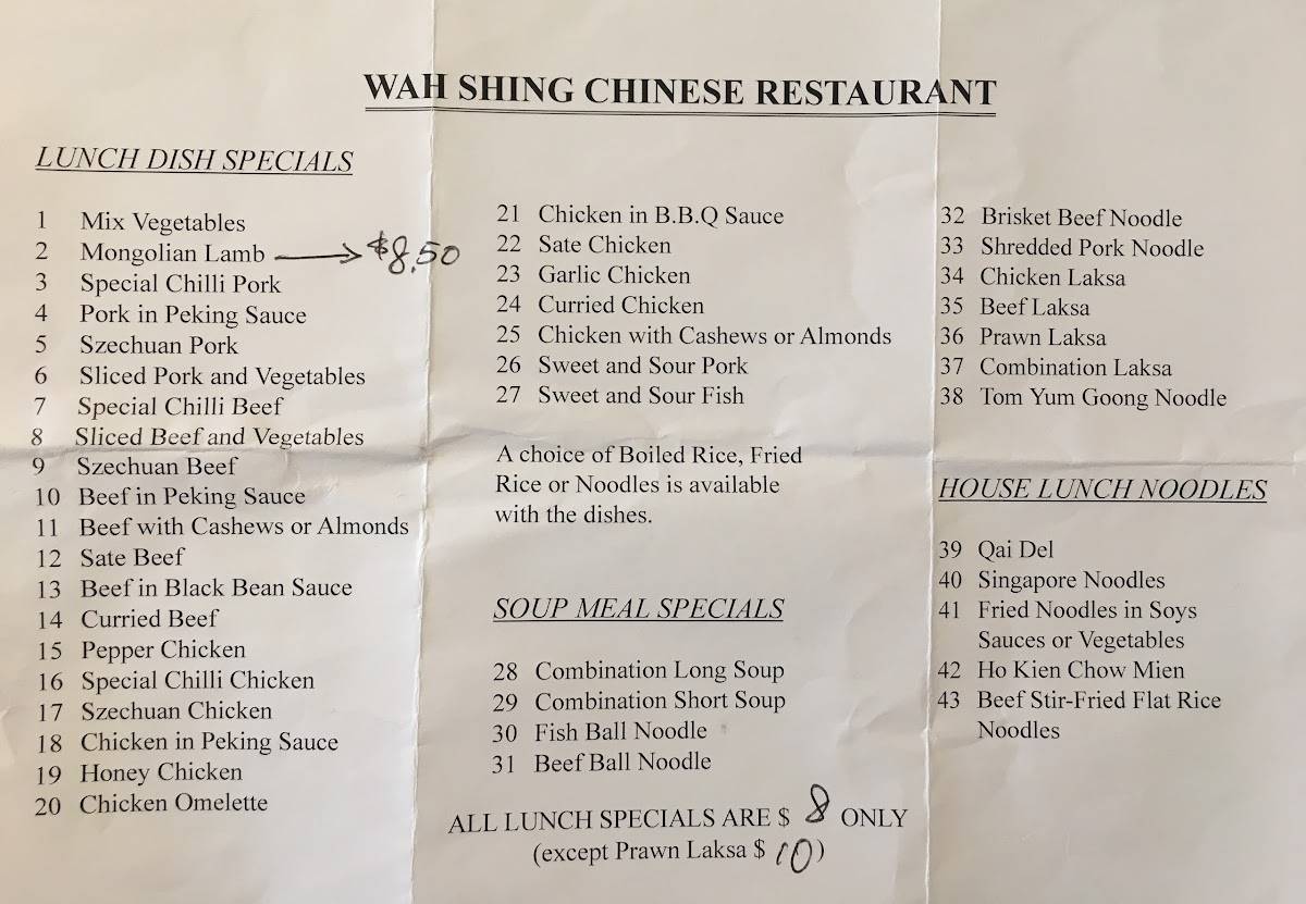 Menu at Wah Shing Chinese Restaurant, Saint Marys