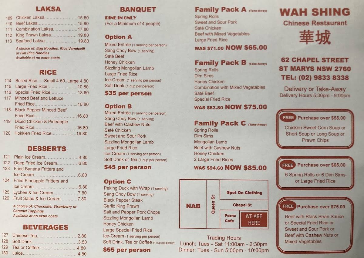 Menu at Wah Shing Chinese Restaurant, Saint Marys