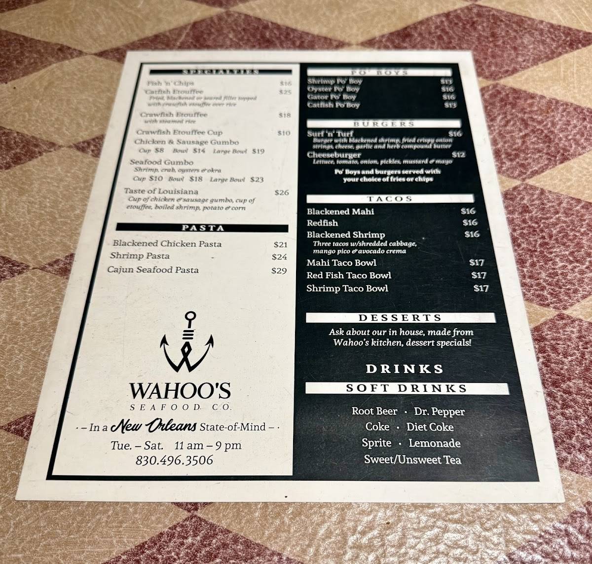 Menu at Wahoo's Seafood Co. restaurant, Kerrville