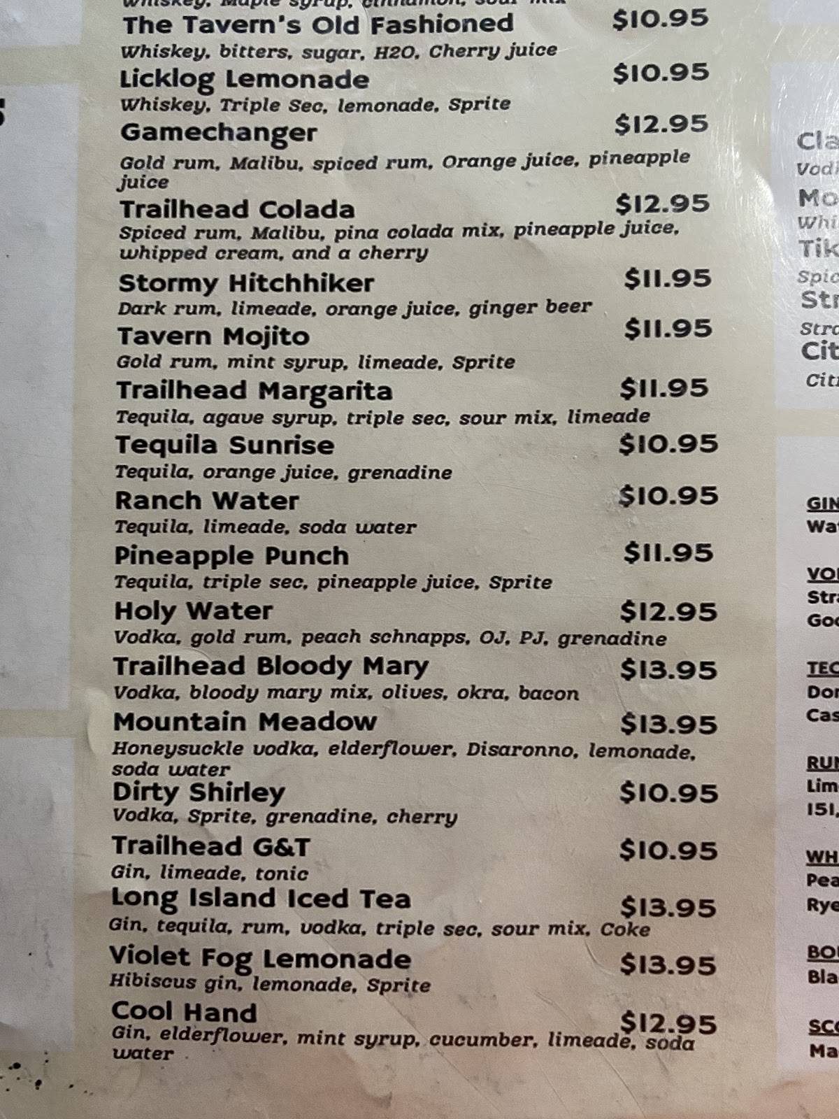Carta del pub y bar Trailhead Tavern, Walhalla