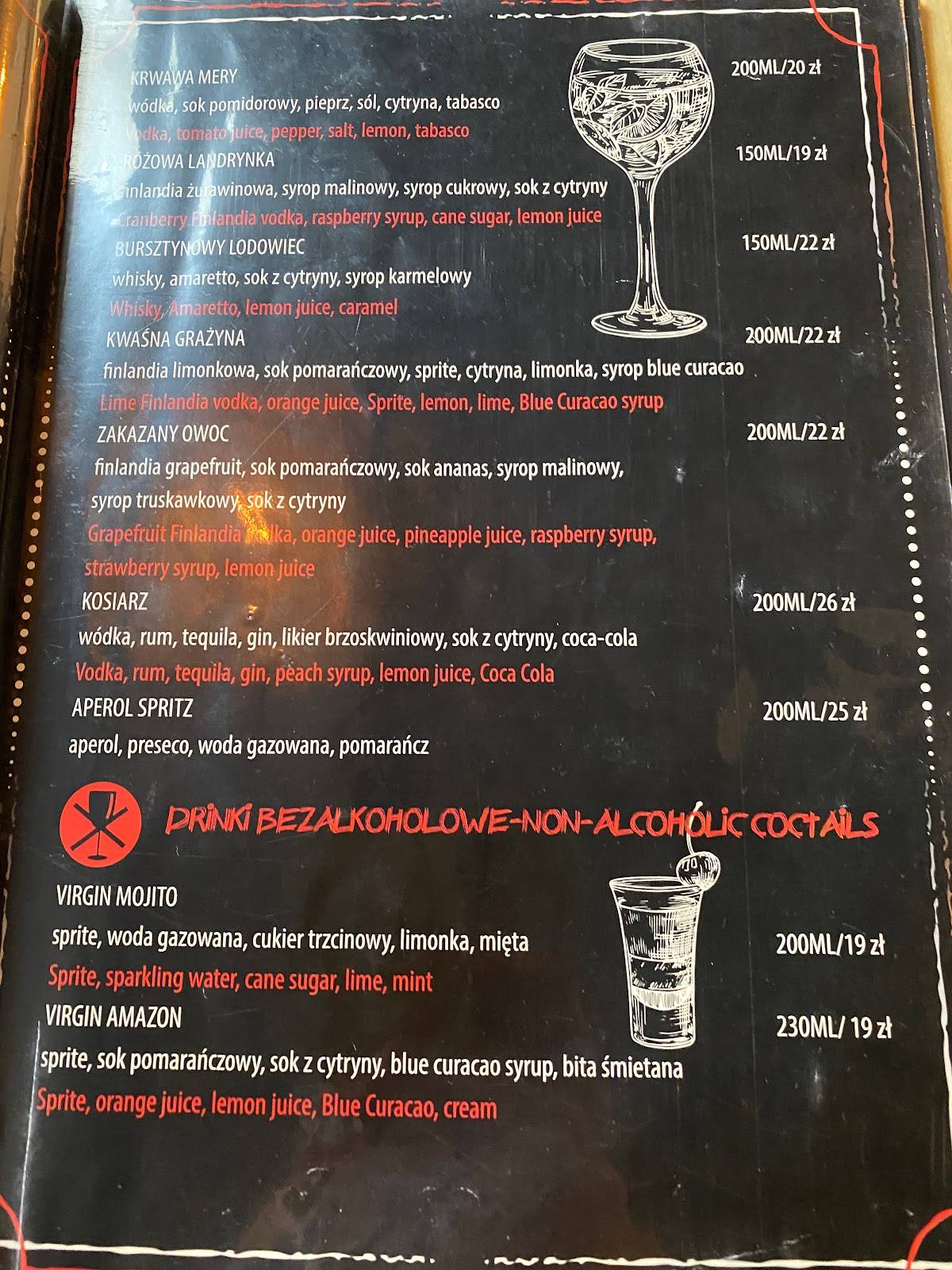 Menu at Walkiria restaurant, Ciechocinek