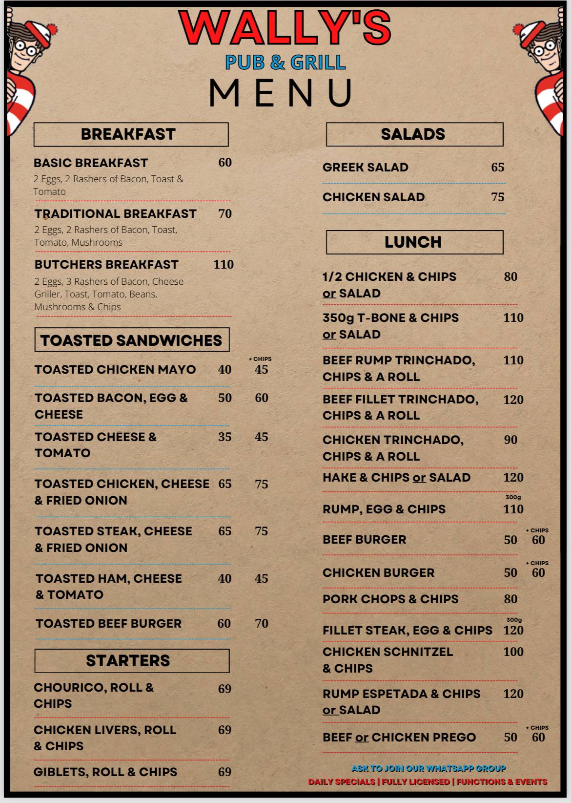 Menu at Wally's Pub & Grill, New Redruth