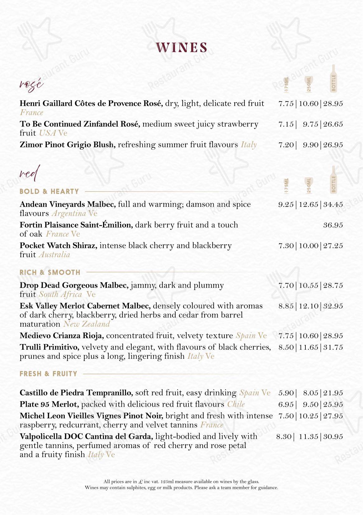 Menu at Warbler on the Wharf pub & bar, Milton Keynes
