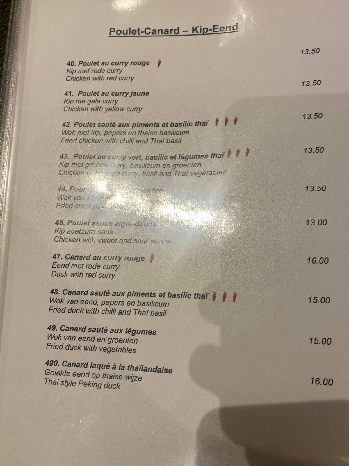 Menu au Thai Break, Waremme