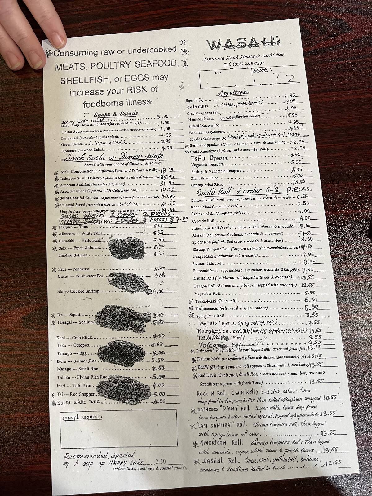 Menu at Wasahi Japanese Steak House & Sushi Bar, Kansas City