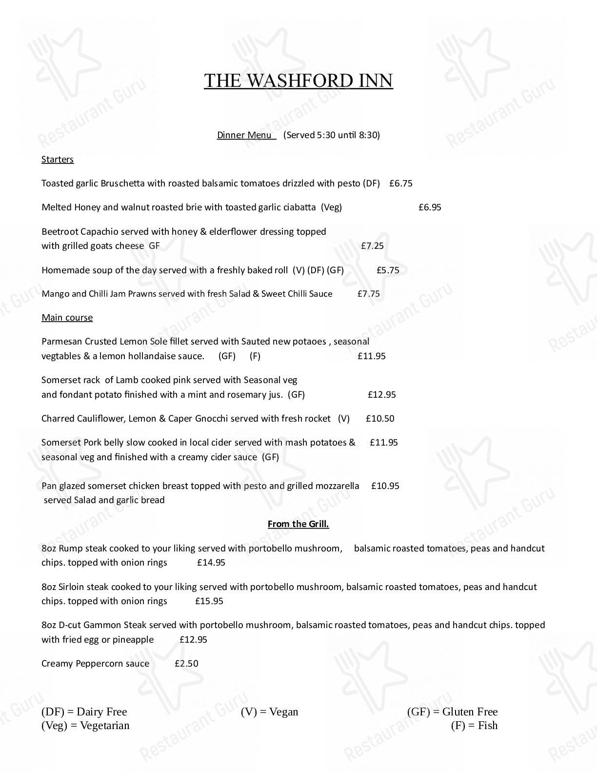 Menu at Washford Inn pub & bar, Watchet, 1 Station Rd