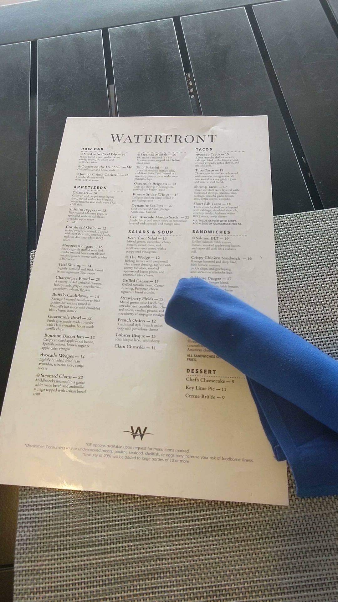 Menu at Waterfront restaurant, Stuart