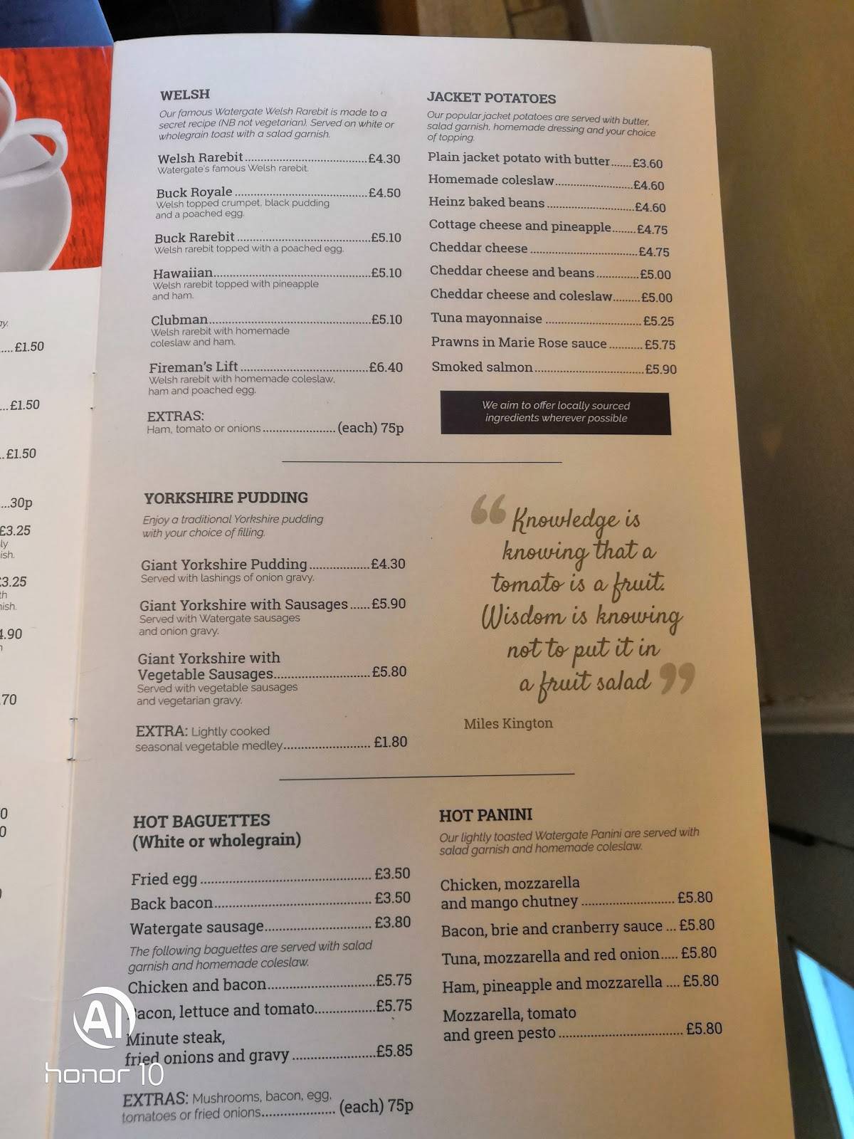 Menu at Watergate Tea Rooms cafe, Hebden Bridge