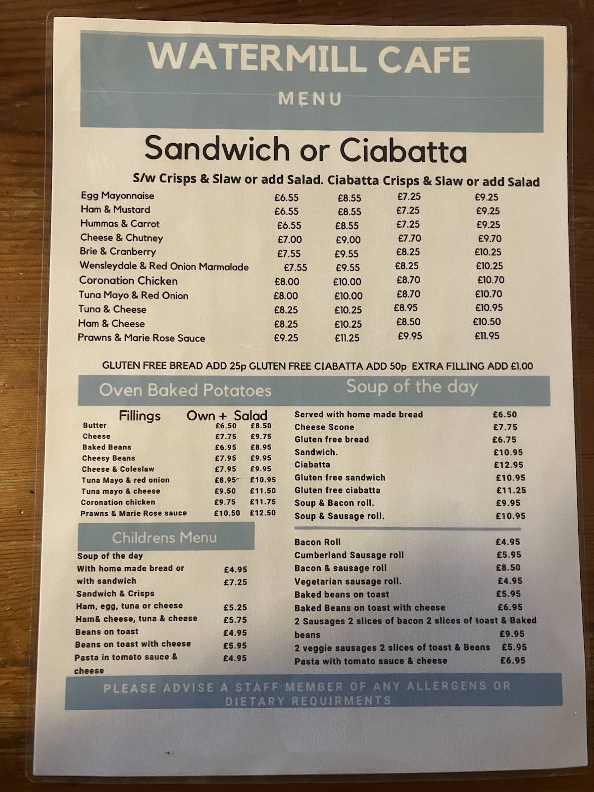 Menu at Watermill Café cafe, Caldbeck, Priest's Mill