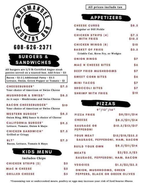 Menu at Waumandee Country Bar, USA, S2020 Co Rd U