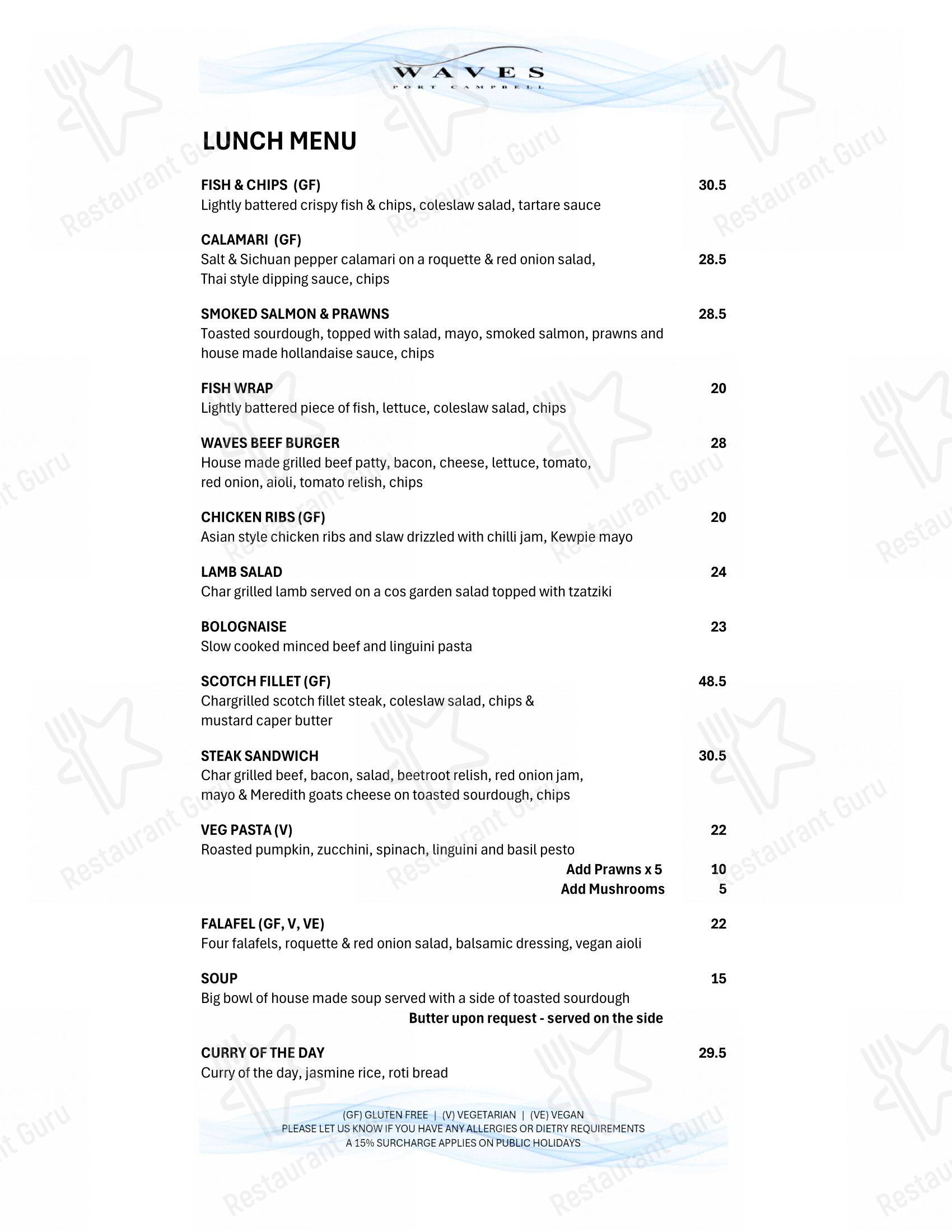 Menu at Waves Cafe, Bar, Restaurant Port Campbell, Port Campbell