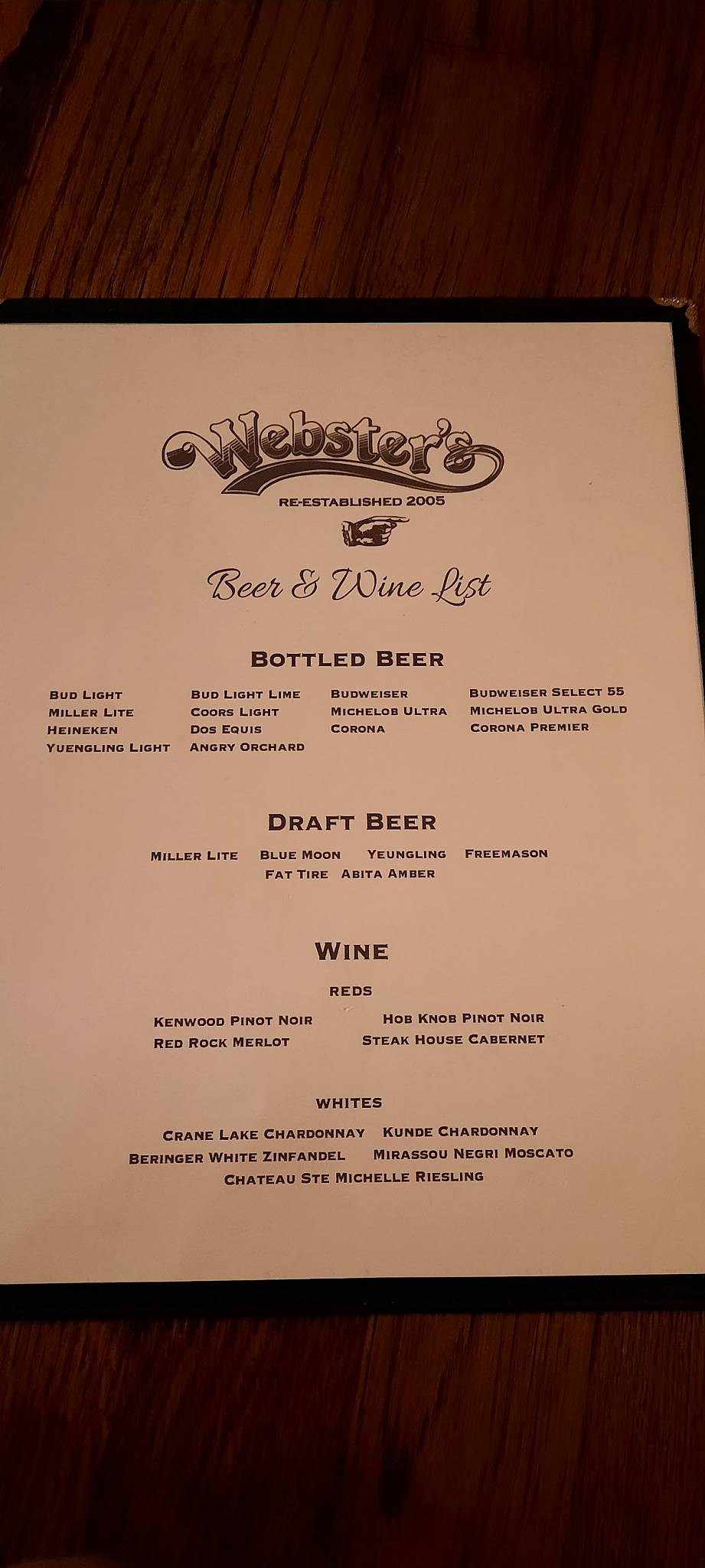 Menu at Webster's restaurant, Greenwood