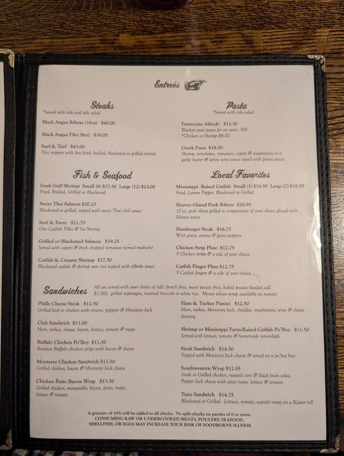 Menu at Webster's restaurant, Greenwood