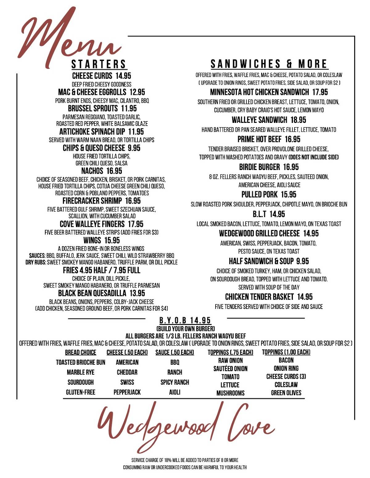 Menu at Wedgewood Cove Golf Course & Restaurant, Albert Lea