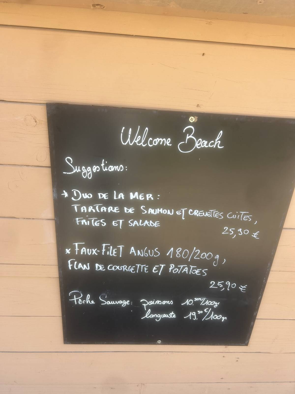 Menu au Welcome Beach restaurant, Le Lavandou