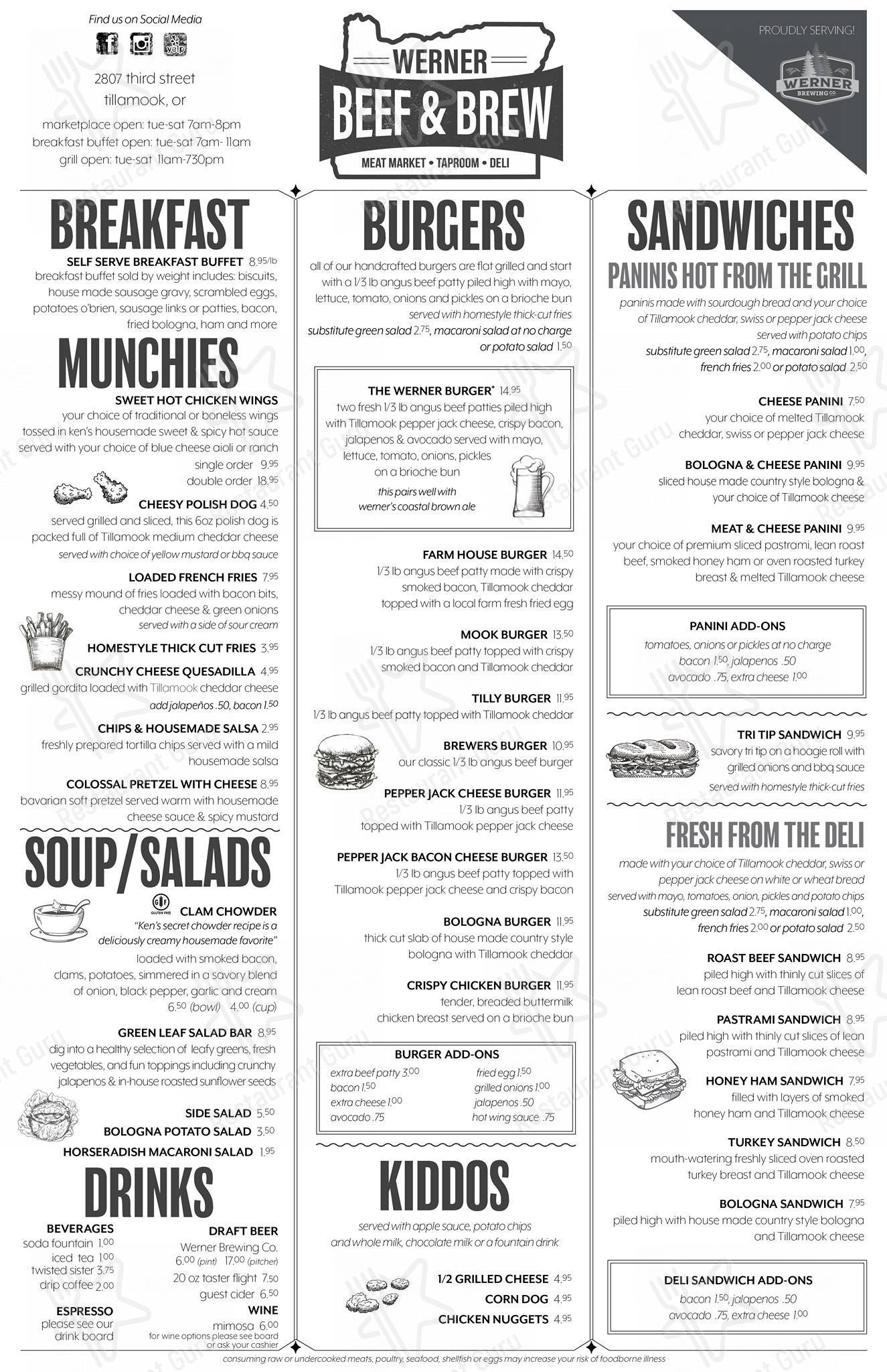 Menu at Werner Beef & Brew restaurant, Tillamook