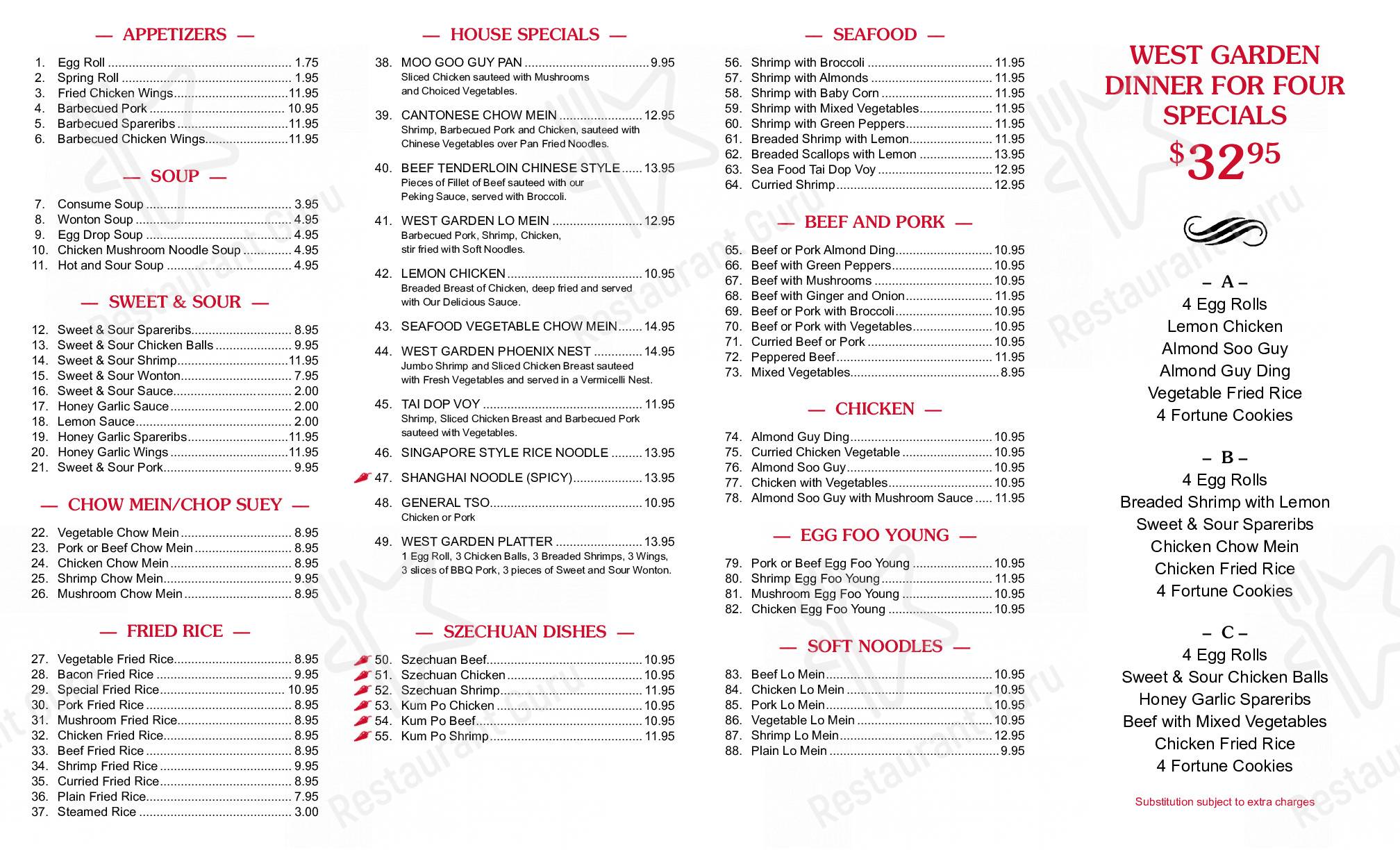 Menu at West Garden Buffet restaurant, Brantford