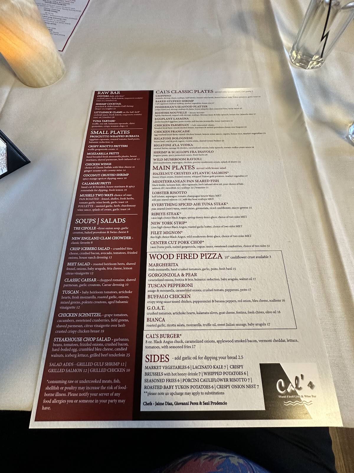 Menu at Cal's Wood Fired Grill and Bar, West Springfield
