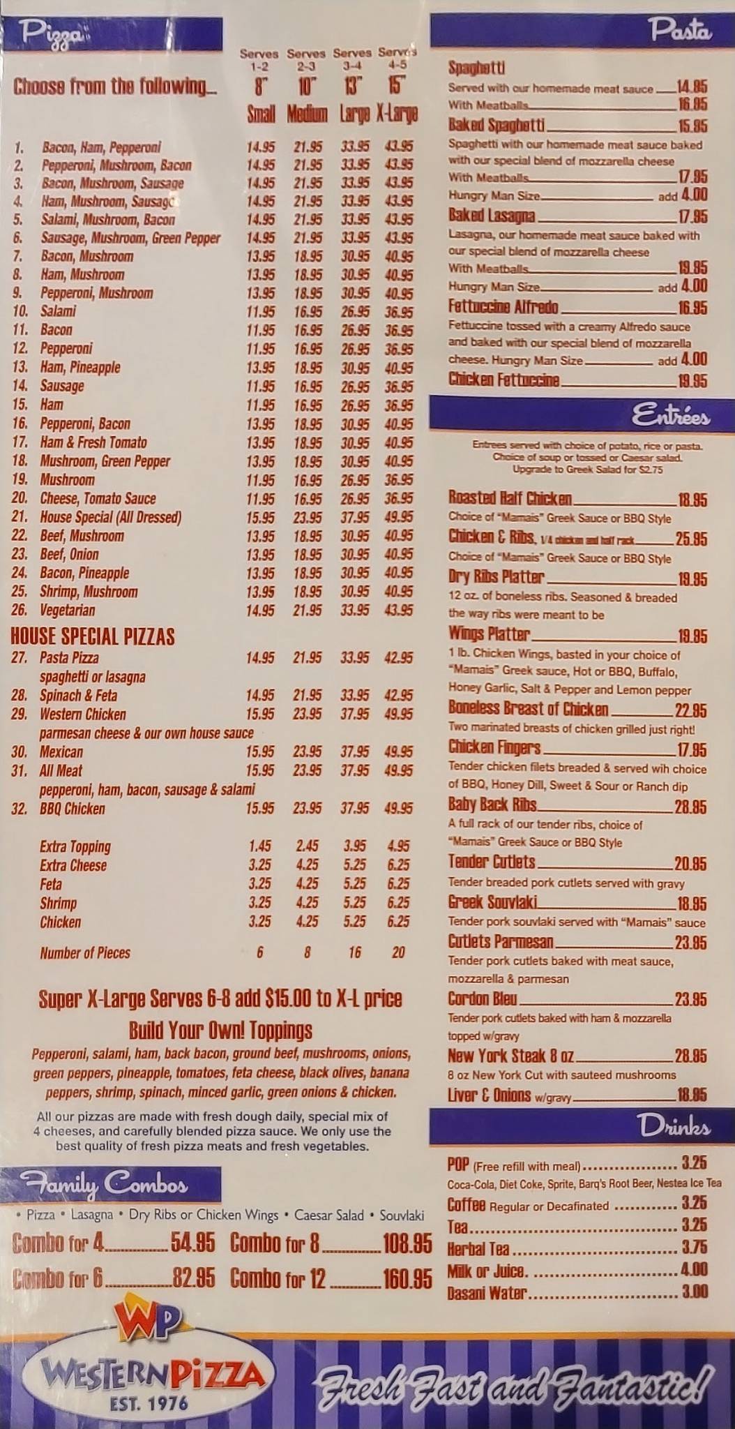 Menu au Western Pizza restaurant, Regina, 9th Ave N