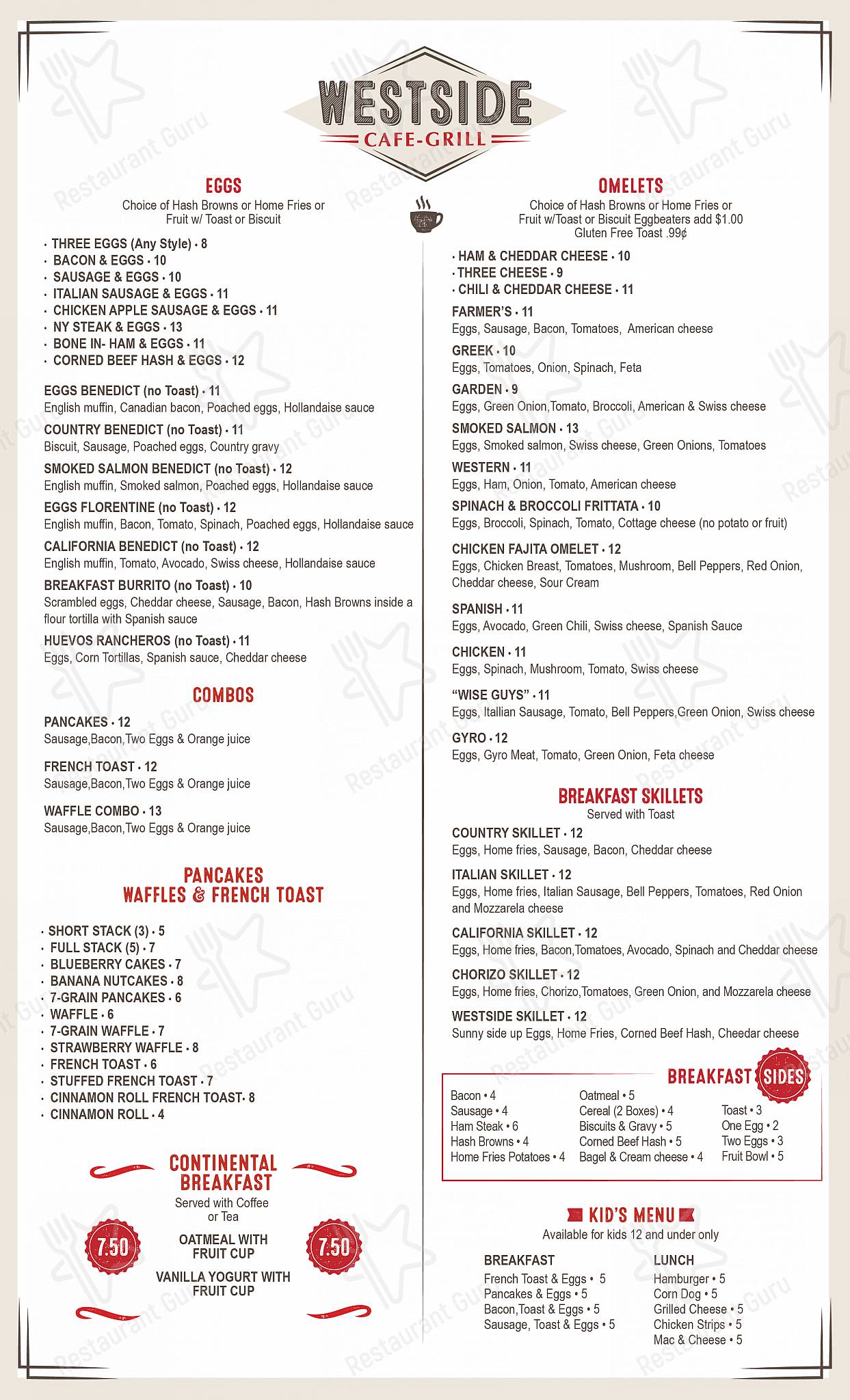 Carta de Westside Cafe-Grill, Murrieta