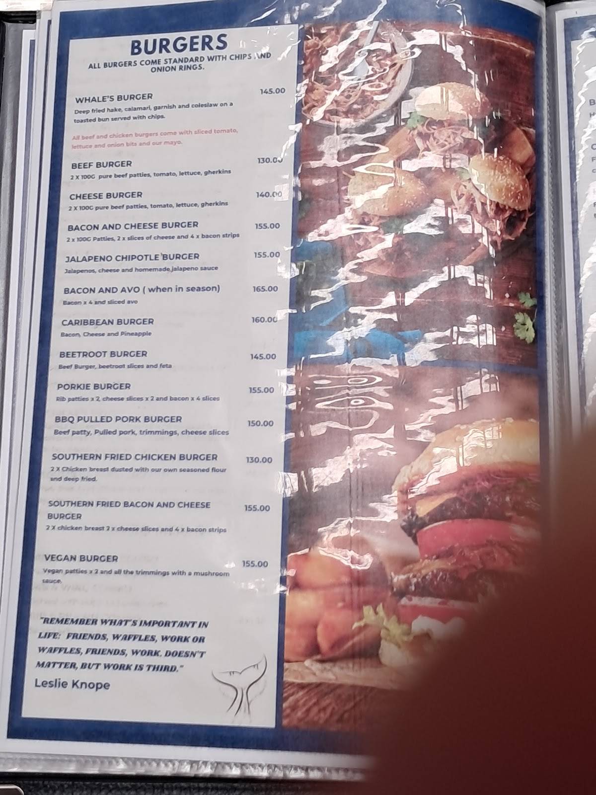 Menu at Whale's Rib Paternoster restaurant, Paternoster