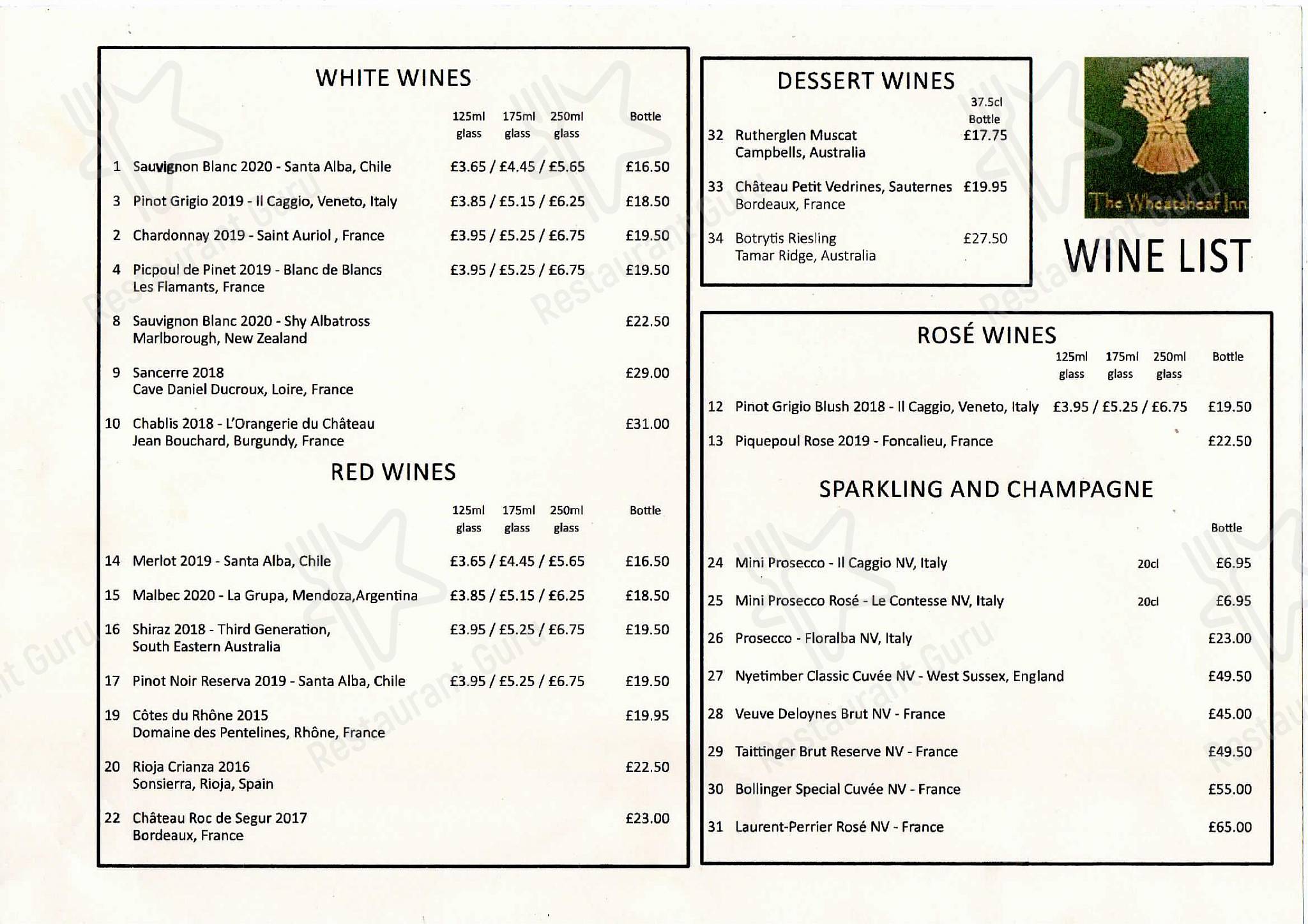 Menu at Wheatsheaf Inn restaurant, Egton, Wheatsheaf Inn