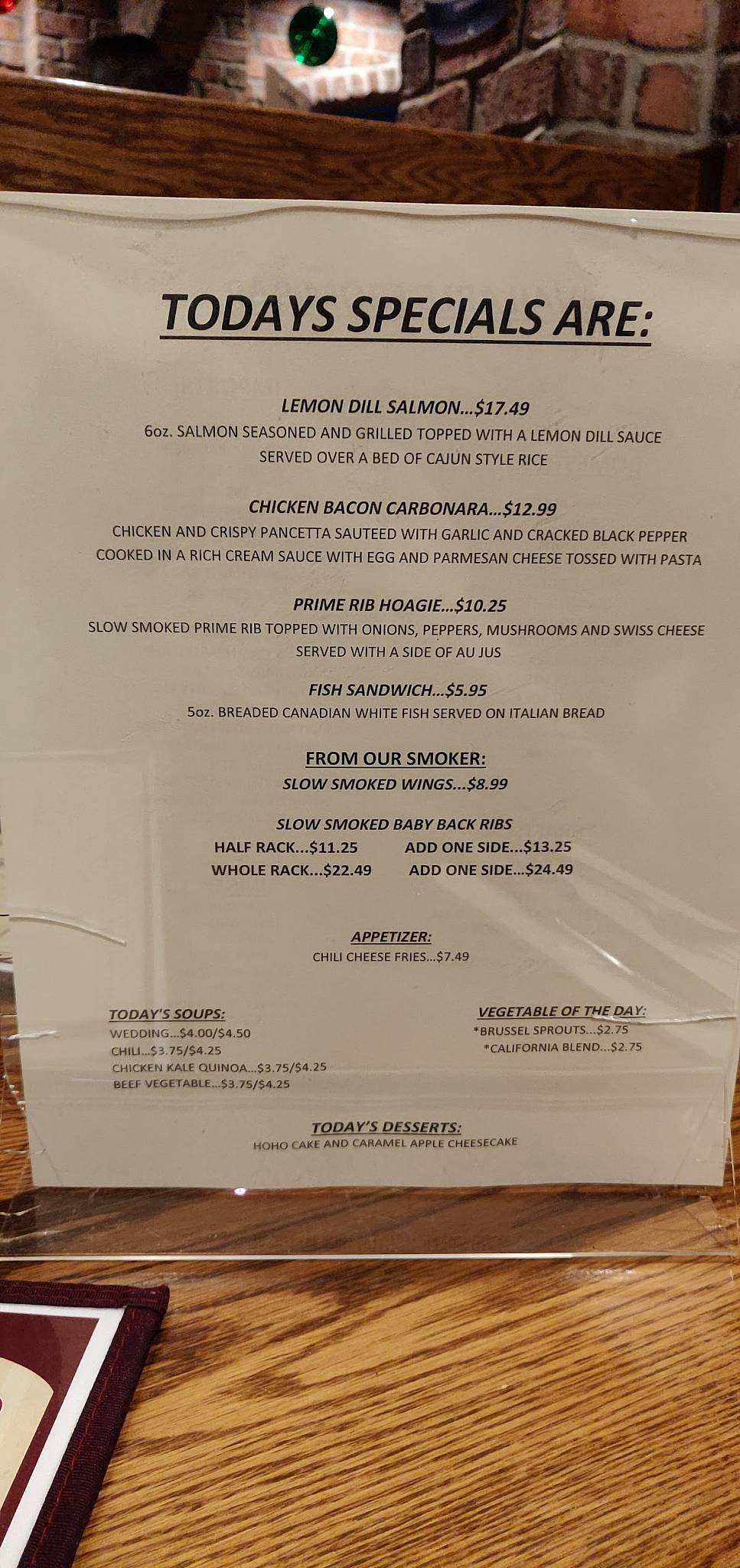 Menu at Uncle Pete's restaurant, Wheeling, 1 Community St