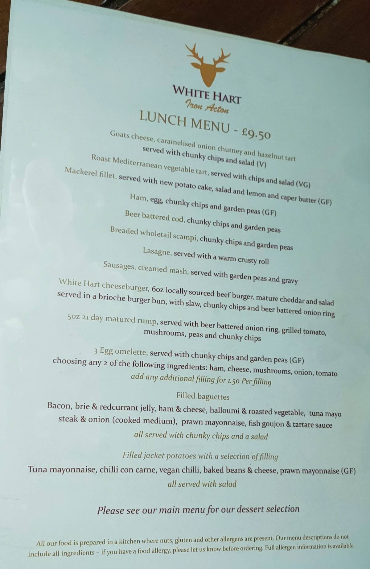 Menu at White Hart Inn pub & bar, Bristol, The White Hart Inn