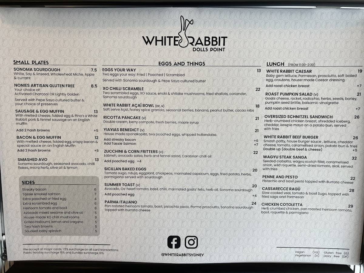 Menu at White Rabbit Dolls point cafe, Sandringham