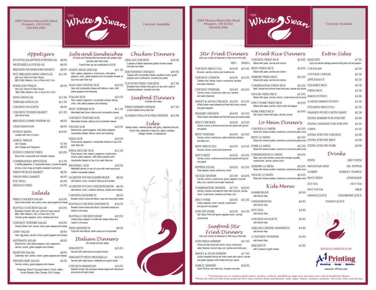 Menu at White Swan Restaurant & Lounge, Prospect