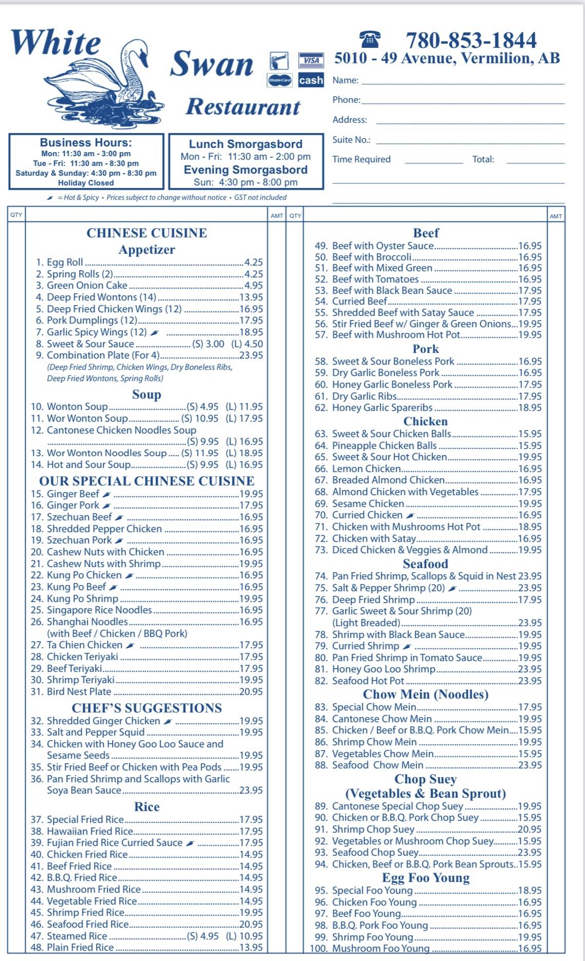 Menu at White Swan Restaurant, Vermilion