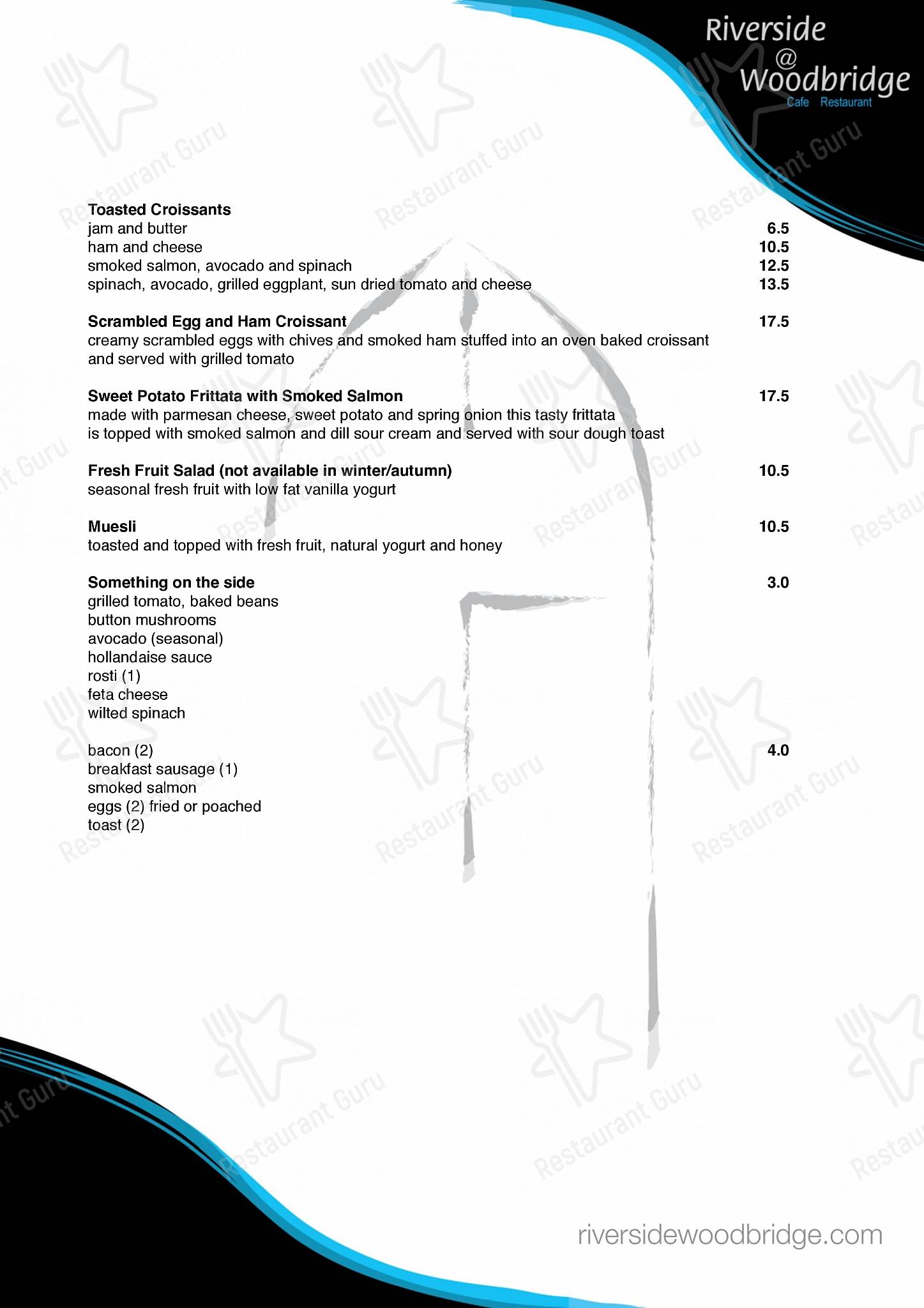 Menu at Riverside at Woodbridge cafe, Woodbridge