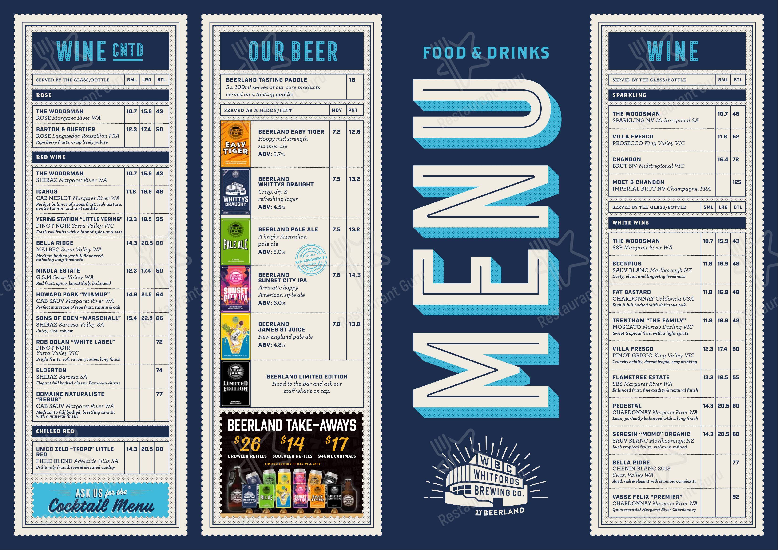 Menu at Whitfords Brewing Company pub & bar, Hillarys