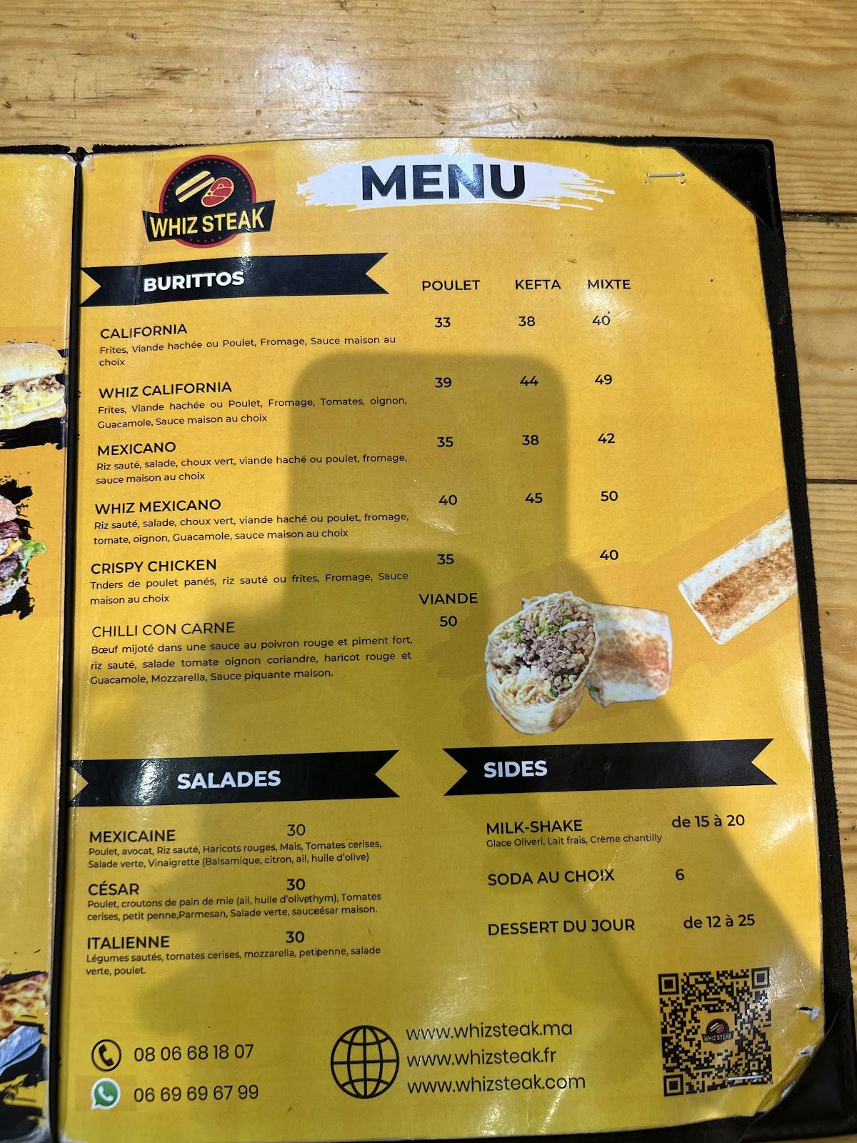 Menu at Whiz Steak restaurant, Casablanca