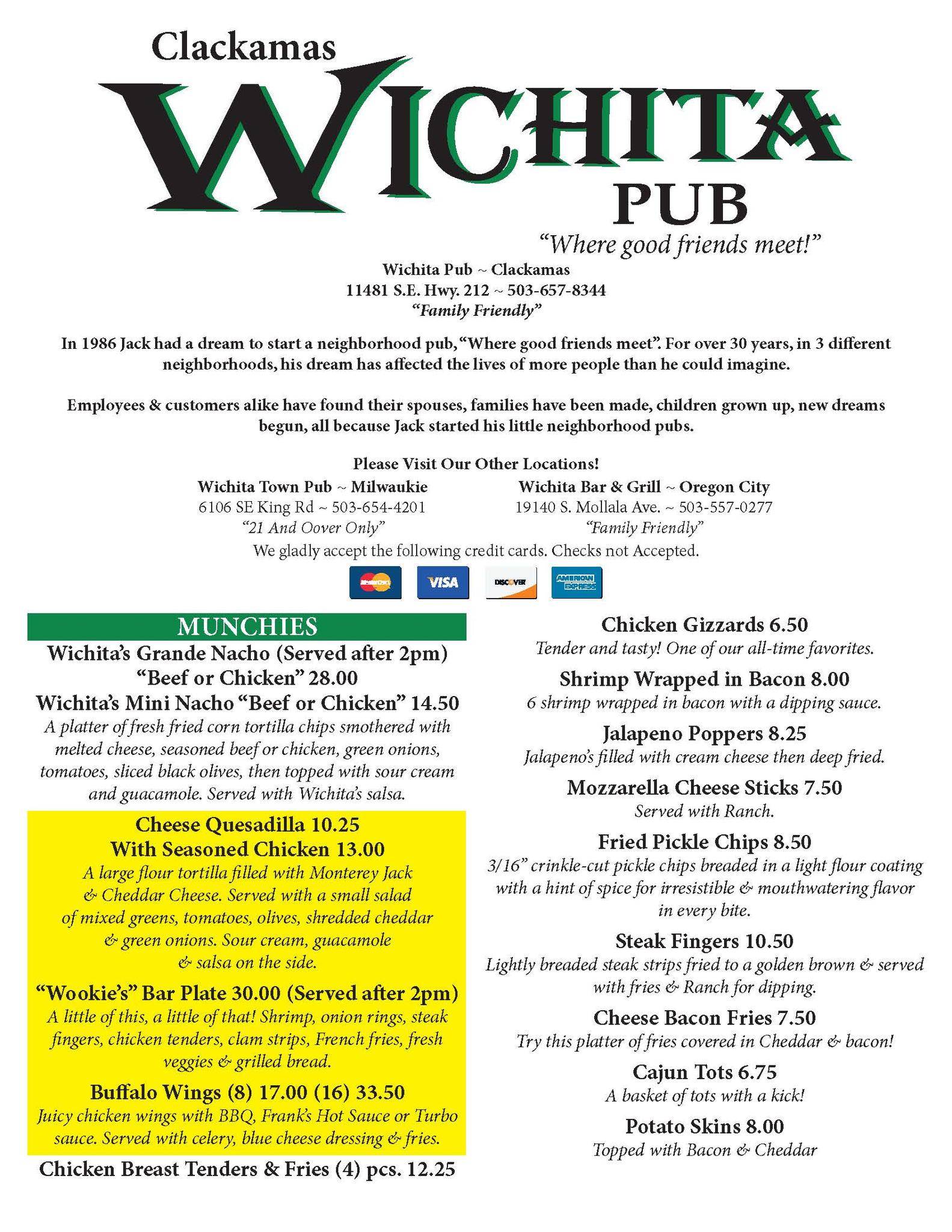 Menu at Wichita Pub, Clackamas