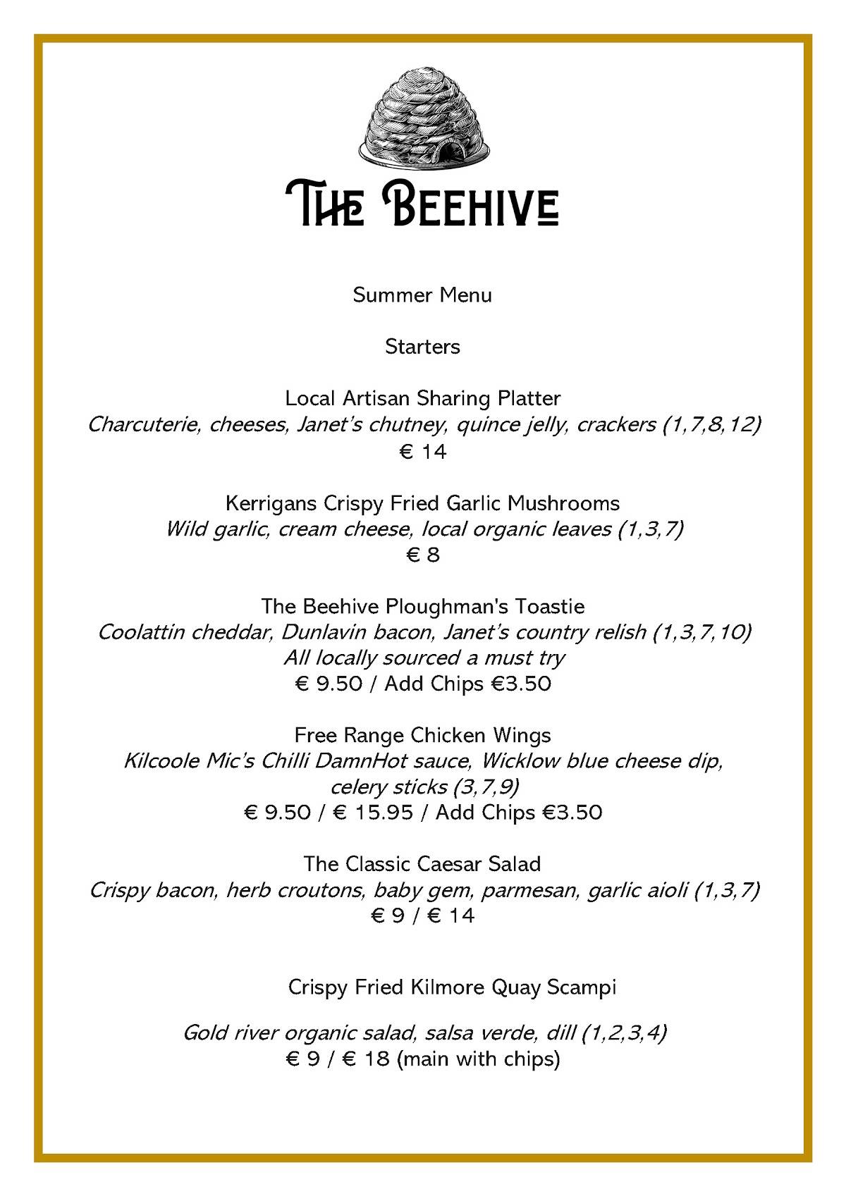 Menu at The Beehive pub & bar, Wicklow