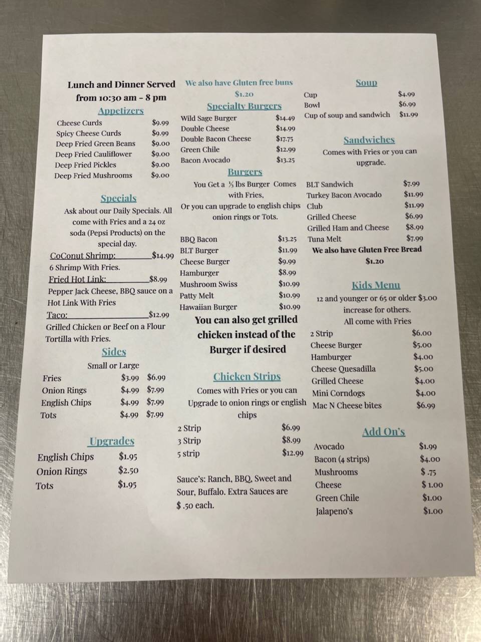 Menu at Wild Sage Coffee house and diner, Roosevelt