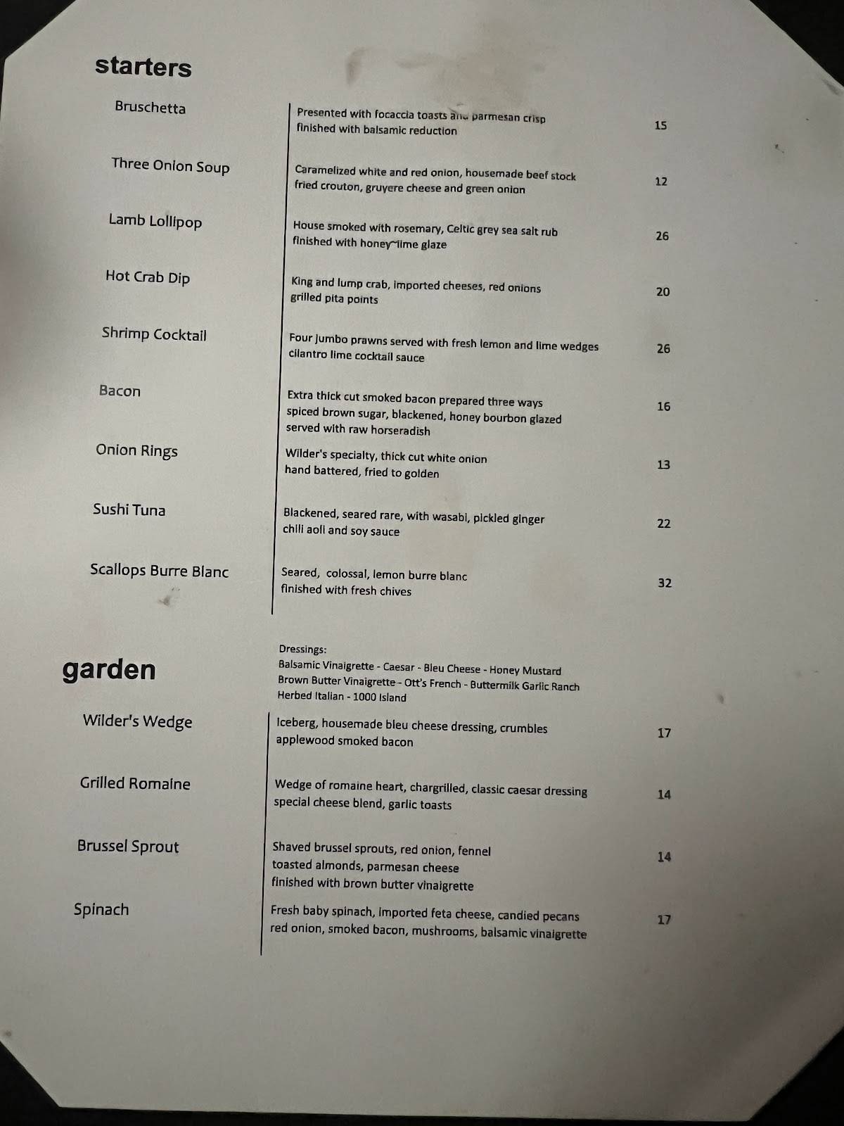 Menu at Wilder's Steakhouse, Joplin
