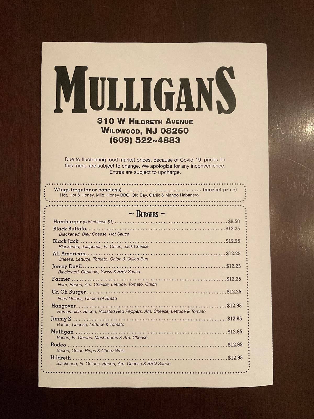 Menu at Mulligan's Shore Bar & Grill, Wildwood, 310 W Hildreth Ave