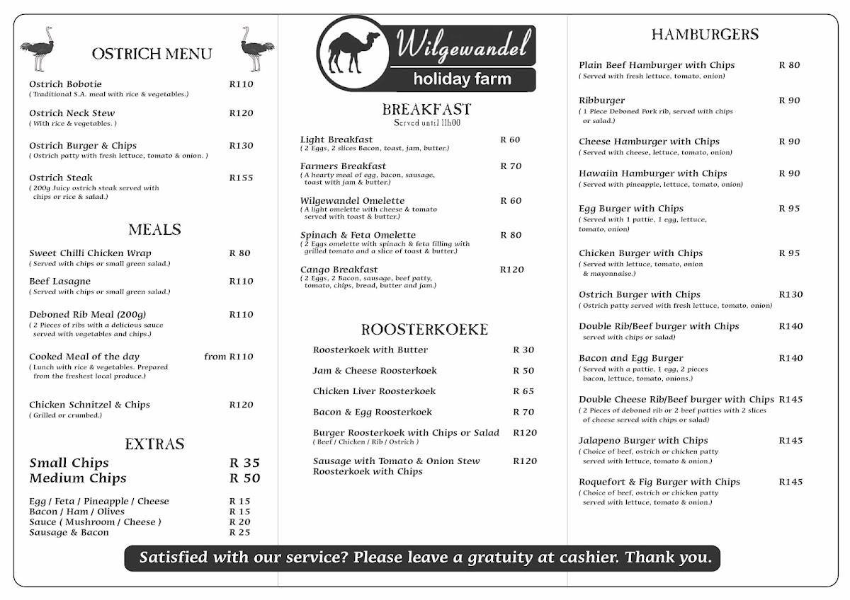 Menu at Wilgewandel Holiday Farm & Restaurant, South Africa