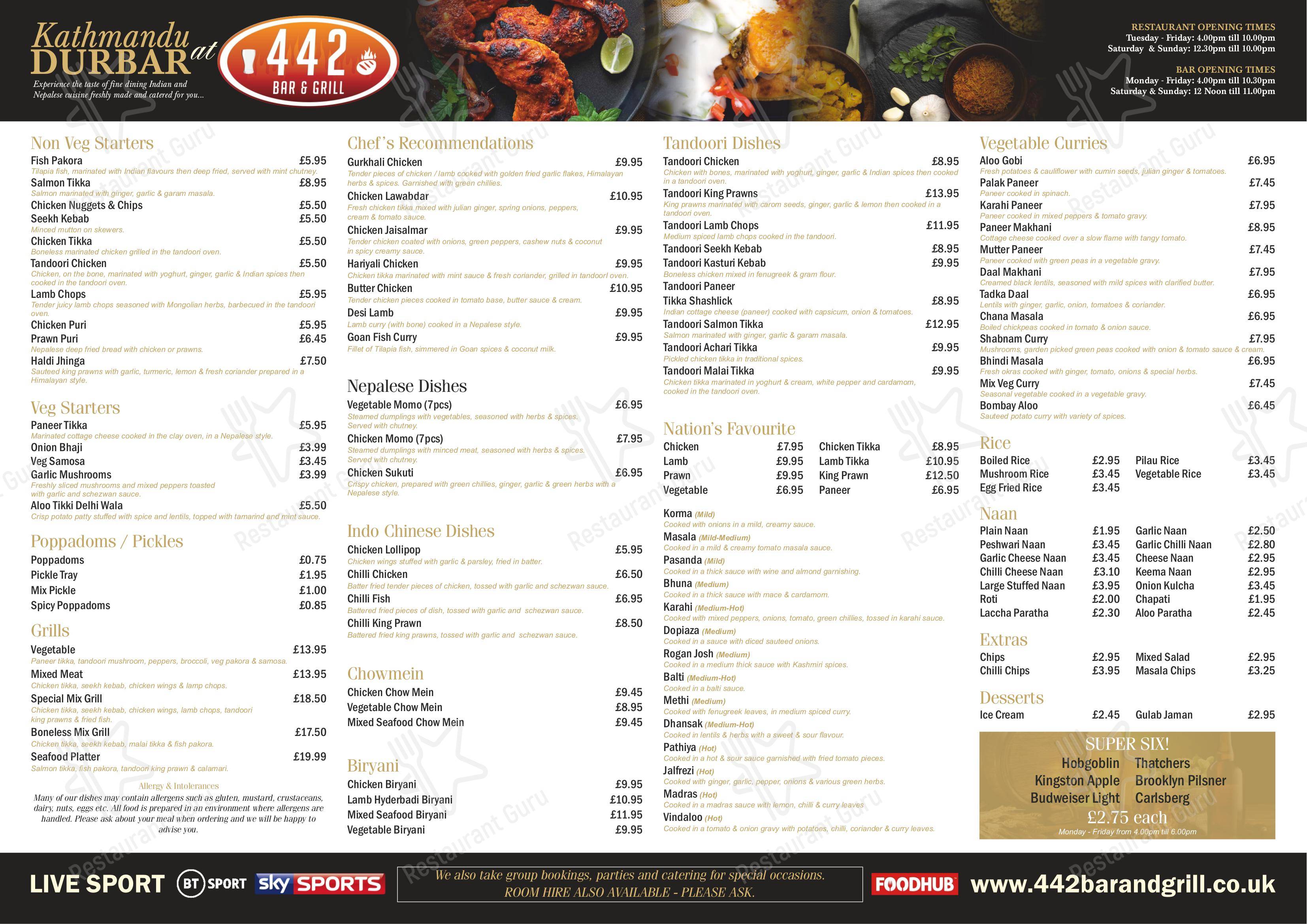 Menu at 442 Bar & Grill, Willenhall