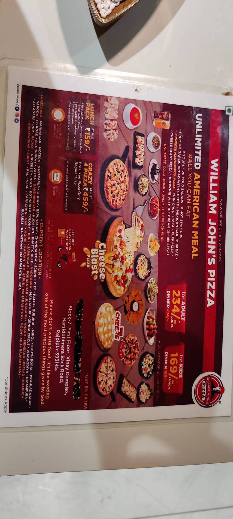Menu at William john's Pizza, Rajpipla