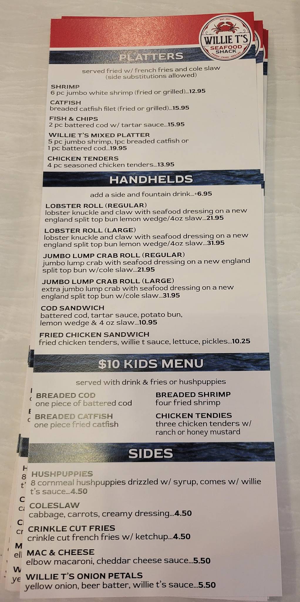 Menu at Willie T's Seafood Shack restaurant, Fort Lauderdale