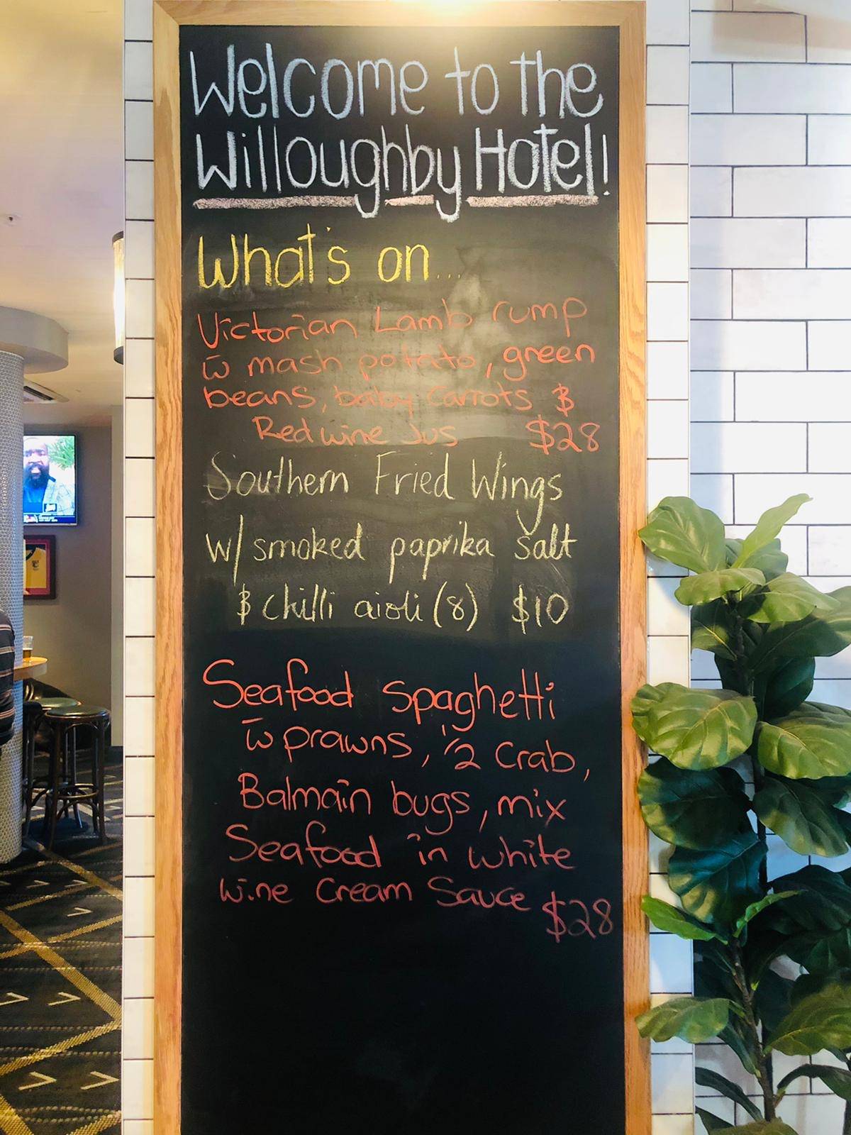 Menu at Willoughby Hotel restaurant, North Willoughby