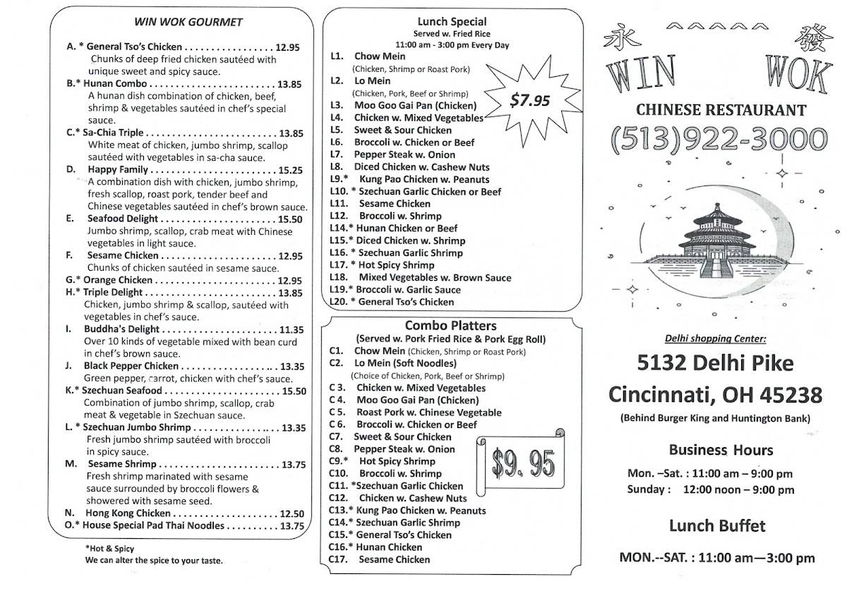 Menu at Win Wok restaurant, Cincinnati, Delhi Rd